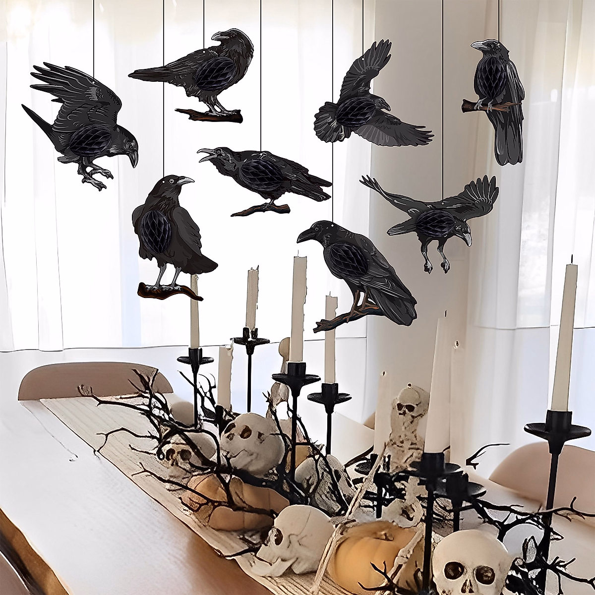 Halloween Black Crows Decorations Honeycomb Paper Cutouts Halloween Tree Hanging Decorations Bird Raven Banner Garland Centerpiece for Halloween Birthday Baby Shower Wedding Party Supplies (Raven 10P)
