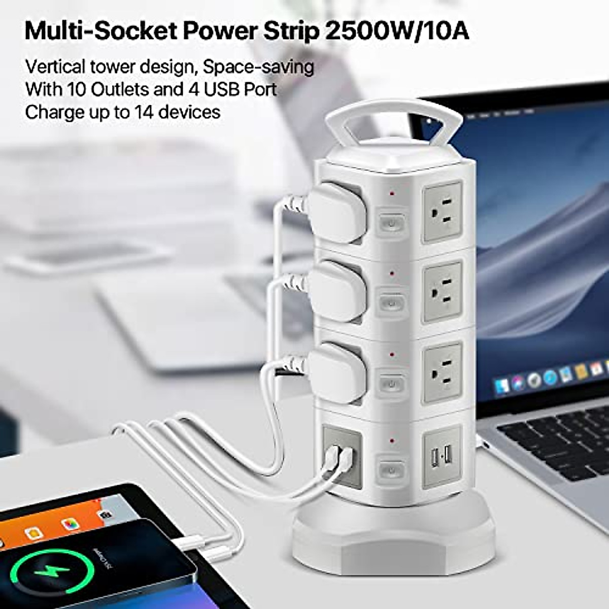 TNP Power Strip Tower Surge Protector - Tower Power Strip with 14 AC Outlets & 4 USB Ports - 2500W/10A - 6ft Cord - USB Plug Tower for Home, Office, Bedroom, Work Desk