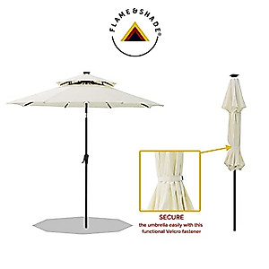 FLAME&SHADE 9 ft Double Top Solar Powered Outdoor Market Patio Table Umbrella with LED Lights and Tilt, Ivory
