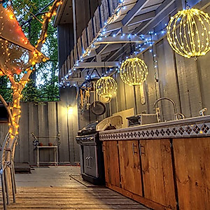 Christmas Ball Light Sphere, 10IN 48LED Hanging Tree Light and Pathway Lights with Hook and Stake, Foldable Metal Frame Light Ball for Outdoor Garden, UL Listed, Brown Frame, Warm White