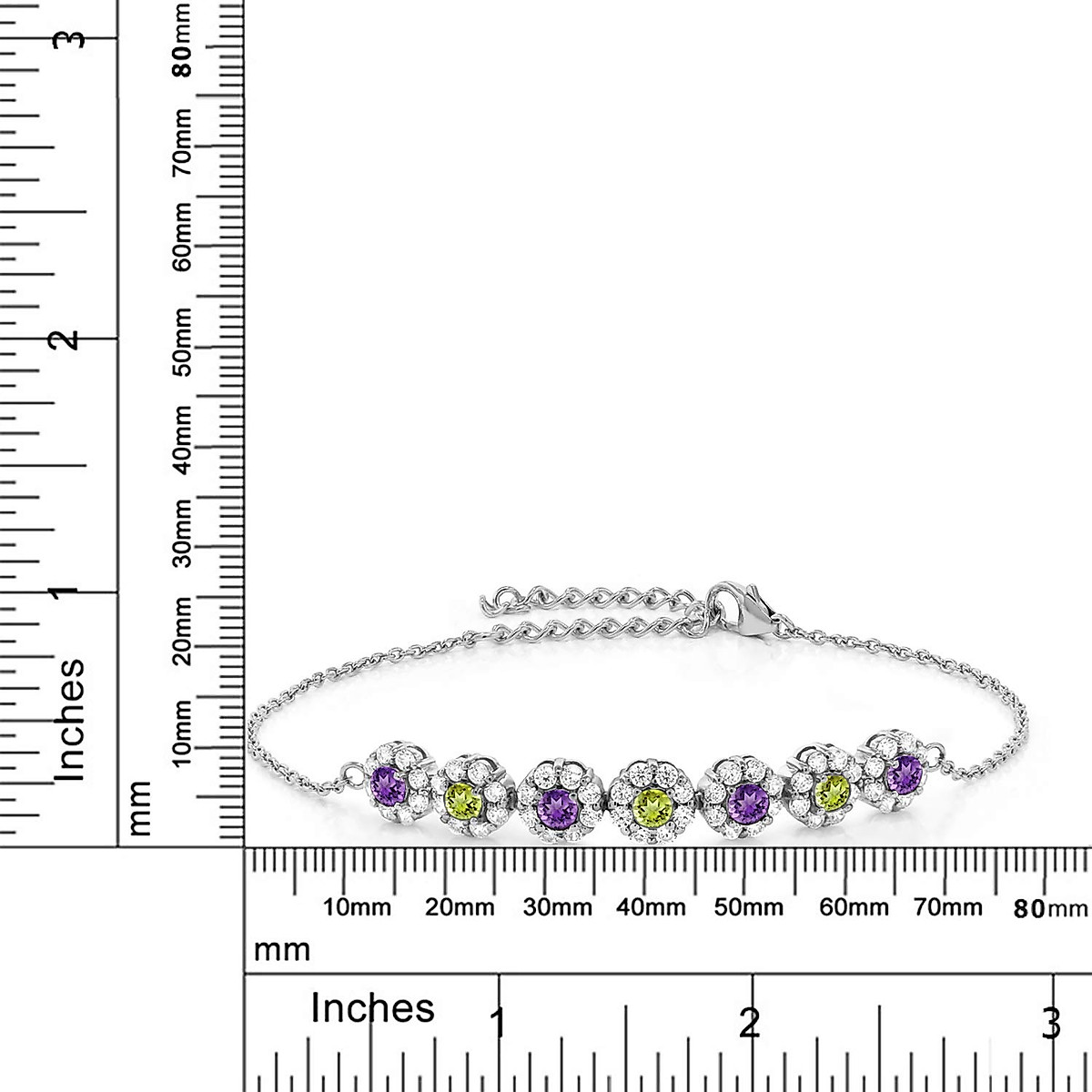 Gem Stone King 925 Sterling Silver Purple Amethyst and Green Peridot Tennis Bracelet For Women (1.22 Cttw, Gemstone February Birthstone, 7 Inch with 2 Inch Extender)