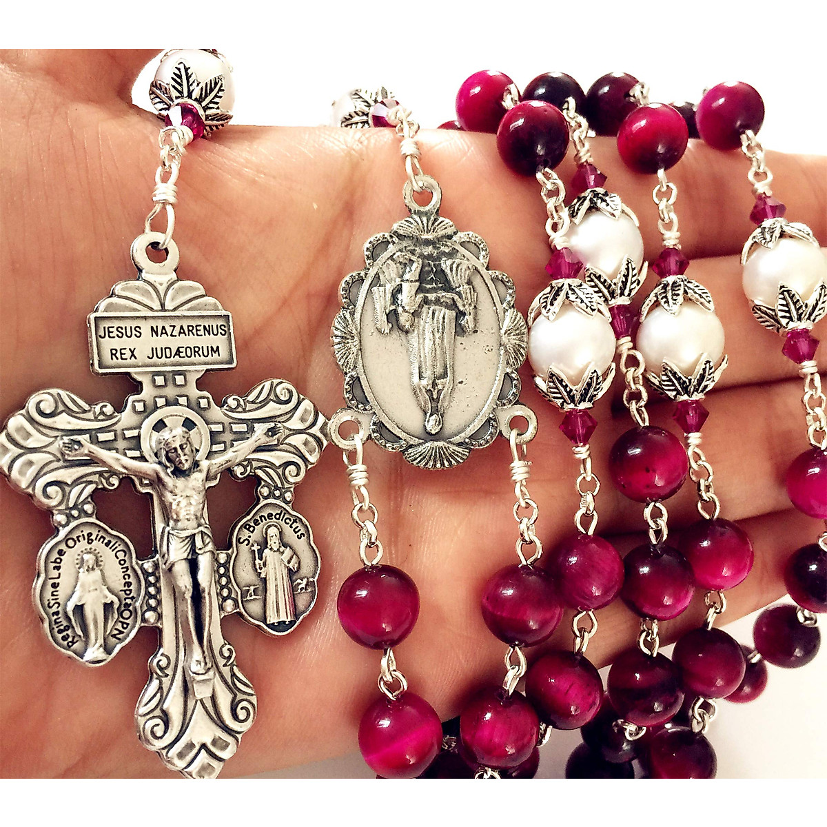 elegantmedical Red Tiger Eye Beads Sterling Silver 10mm Real Pearl Rosary Cross Necklace Catholic