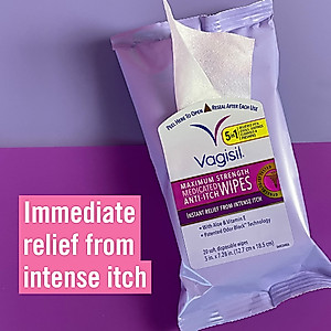 Vagisil Anti-Itch Medicated Feminine Vaginal Wipes, Maximum Strength, 20 Wipes (Pack of 1, Packaging may vary)