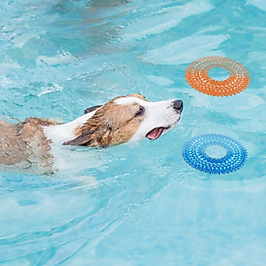 BLMHTWO 2PCS Dog Spiky Toy, Durable Squeaky Balls Chew Toy Rubber Puppy Dental Ring Dog Toy Pool Rings for Small Medium Dogs Indoor Outdoor Training Teeth Cleaning (Blue, Orange)