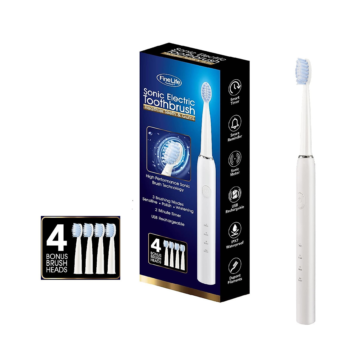 FineLife Products 3 Modes Sonic Power Electric Toothbrush for Healthier Teeth and Gums - USB Rechargeable - 19000 Rotation Per Minute with 4 Bonus Brush Heads, Oral Care Whitening - White