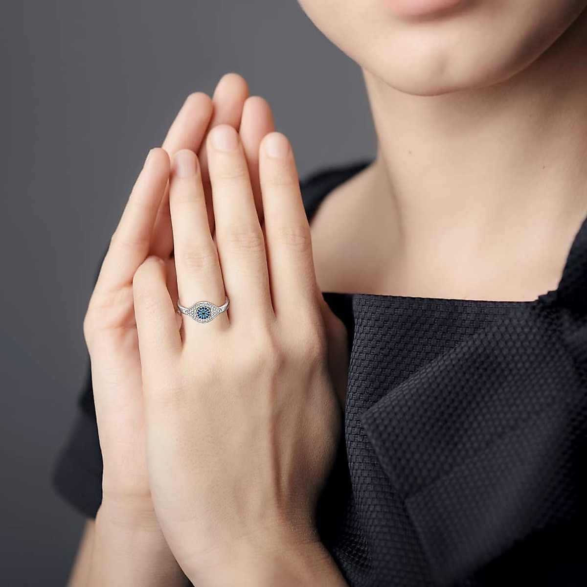 LOVGIFSET Evil Eye Ring Evil Eye Rings for Women Sterling Silver Greek Turkish Blue Eyes Blue Sapphire Protection Mal De Ojo Greek Nazar Amulet Jewelry Size 7