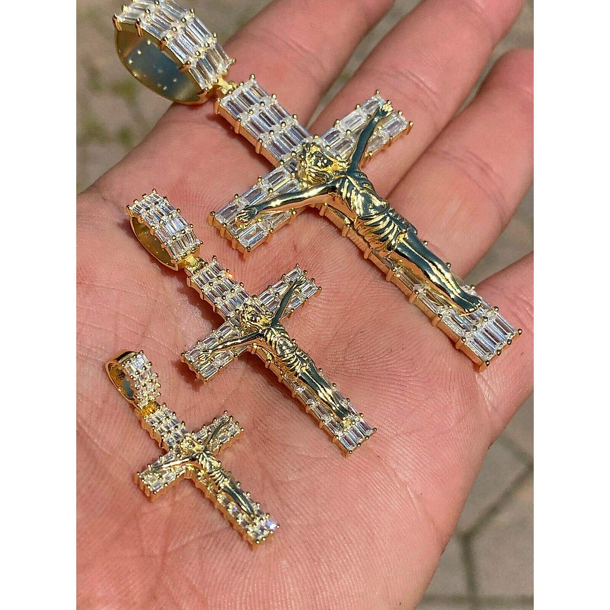 HarlemBling Real 925 Sterling Silver - 14k Gold Finish - Iced Baguette Cross W. Jesus Pendant - 3 Sizes Great For Any Necklace 1-2.5" (Medium 1.5")