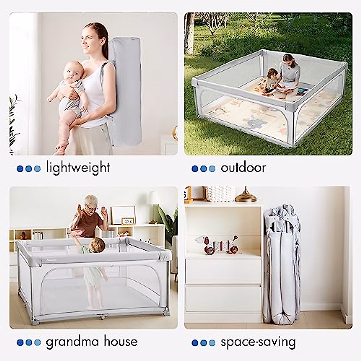 Sweeby Baby Playpen, Portable Foldable Baby PlayPens for Babies and Toddlers with Gate, 59x59 Large Baby Play Yards with Door, Indoor & Outdoor Playpen, Light Grey