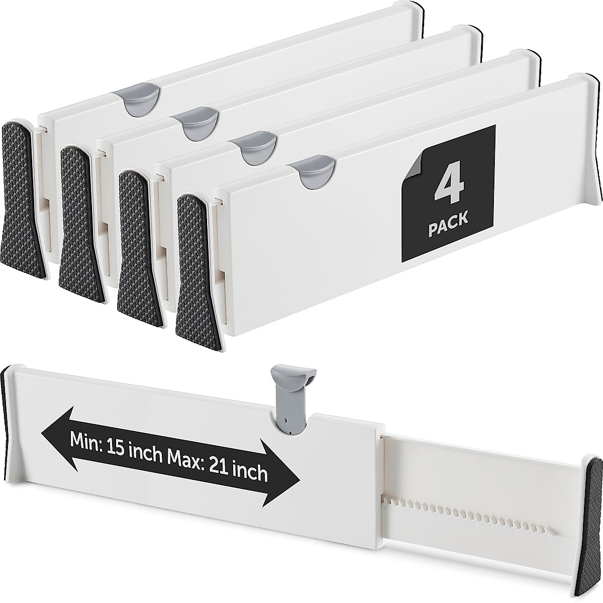Adjustable Tall Drawer Dividers, [4 Pack] Adjusting Legnth from 15 Inch - 21 Inch, Drawer Organizers for Clothes, Locks in Place, Use for Bedroom, Bathroom, Kitchen & Office Organization and Storage.