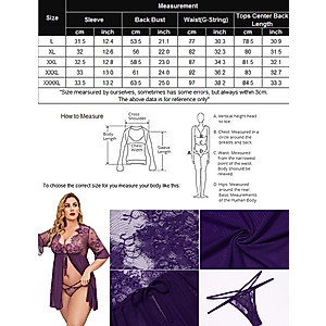 Avidlove Womens Lingerie Lace Plus Size Kimono Robe Mesh Nightgown Dress Sets Purple Large