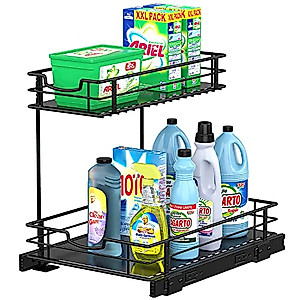 Lekind Under Sink Cabinet Organizer Storage with 2 Tier Pull Out Sliding Shelf with Protective Shelf Liners for Kitchen Bathroom Cabinet, Black