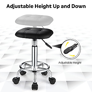 FNZIR Square PU Cushion Rolling Stool with Wheels Height Adjustable Swivel Stools Office Chair Black