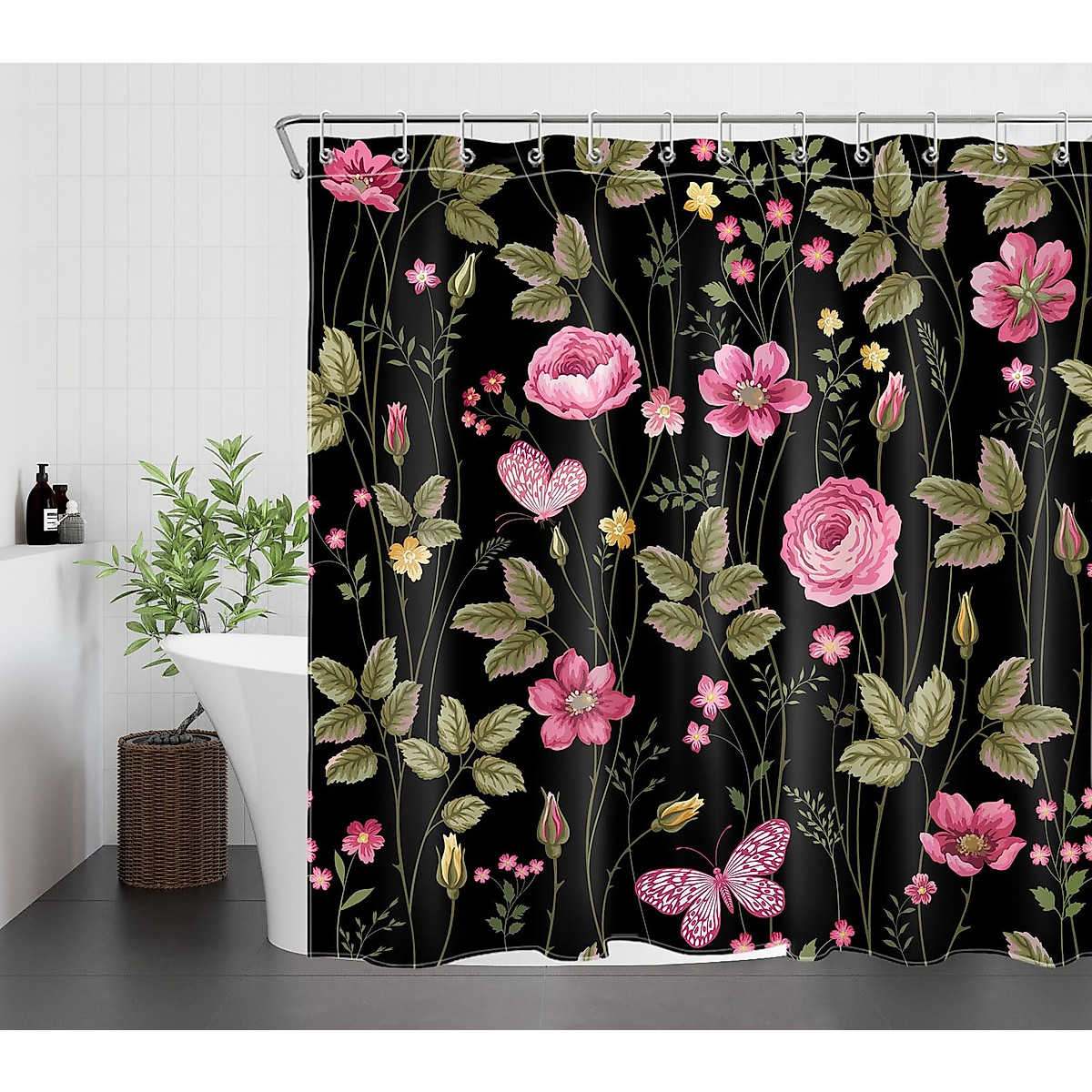 LB Watercolor Floral Shower Curtain for Bathroom, Pink Flower Butterfly and Sage Green Leaf on Black Fabric Shower Curtain with Hooks, Nature Plant Botanical Bathroom Curtain Shower Set, 72"W x 78"L