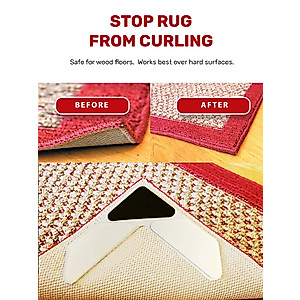 NeverCurl 4pk Rug Corner Grippers - Instantly Flattens Rug Corners Stops Slipping, Stiff Layer Prevent Curling, Renewable Carpet Gripper Sticky Gel, Easy Lift Design to Clean Under Rugs, Carpet Tape