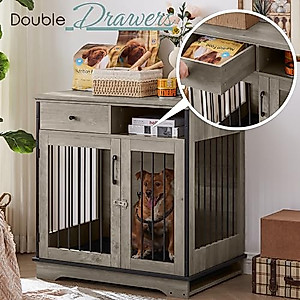 DOSSMBOLA 32'' Wooden Dog Crate Furniture for Medium Small Dogs, Dog Kennel Dog Crate with Pull-Out Tray, Storage Drawer, End Table Dog Cage - Gray