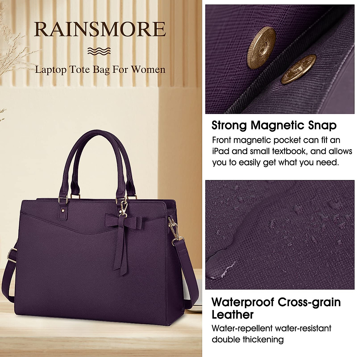 RAINSMORE Laptop Bag for Women 15.6 Inch PU Tote Bag Business Work Bag Waterproof Briefcase Computer Tote Lightweight Handbag Shoulder, Dark Purple