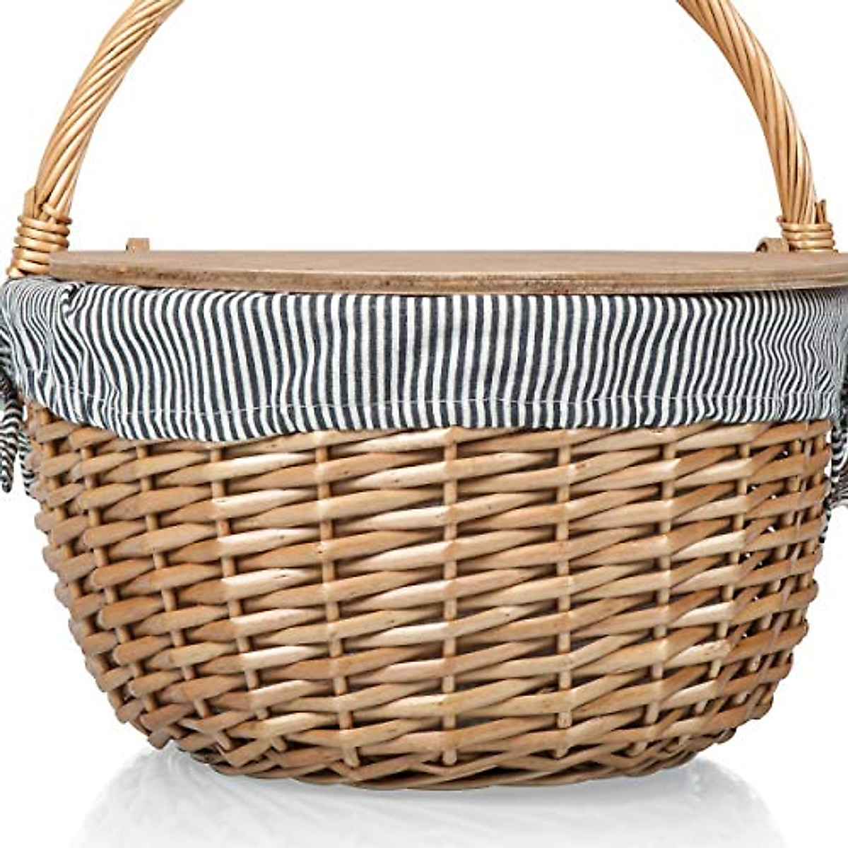 PICNIC TIME - Disney Cinderella Country Vintage Picnic Basket with Lid - Wicker Picnic Basket for 2, (Navy Blue & White Stripe)