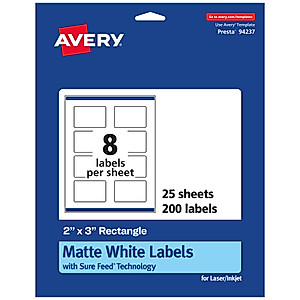 Avery Matte White Rectangle Labels with Sure Feed, 2" x 3", 200 Matte White Printable Labels