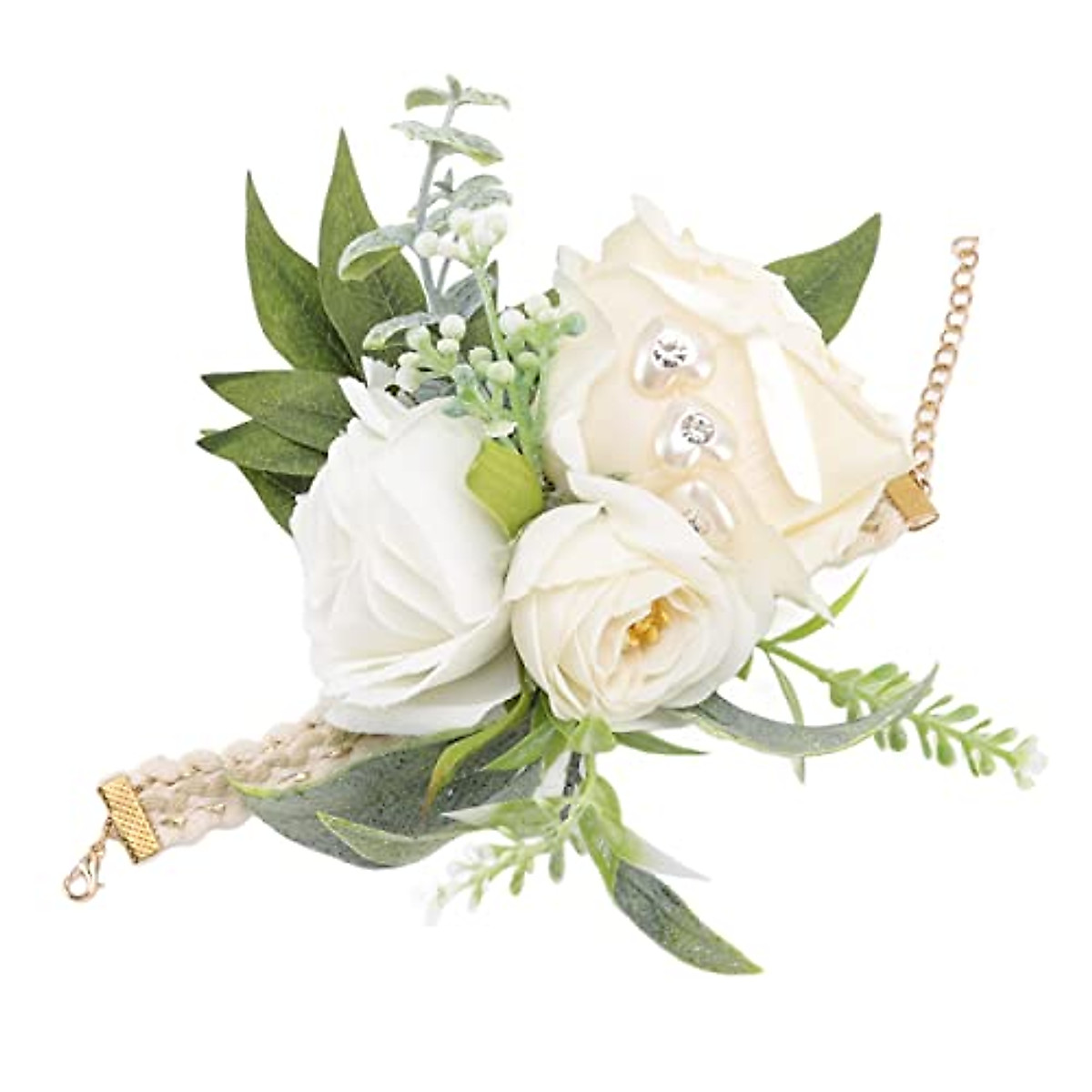 Kuuleyn Corsage Wristlet, Wrist Corsage, Wrist Corsages for Wedding Bride Wrist Flower Decorative White Roses and Green Leaves for Prom Party