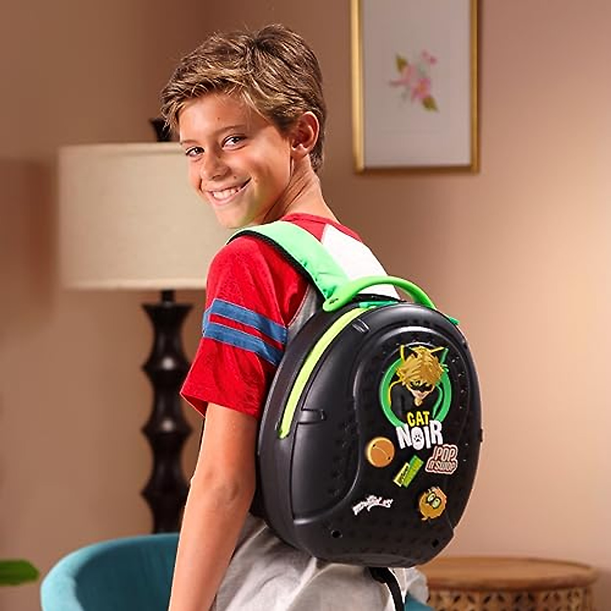 Miraculous Ladybug - Pop n' Swop Cat Noir Black Backpack with Green Handle, 6 Clip-on Badges and Zipper, Lightweight Durable Waterproof Bag with Adjustable Straps (Wyncor)