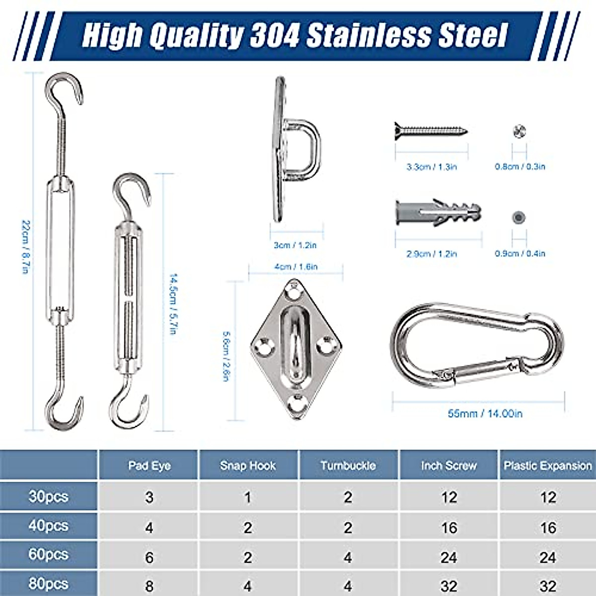 BLADOPIA Sun Shade Sail Hardware Kit, 6 inch Heavy Duty Stainless Steel Outdoor Triangle Sunshade Installation Set, UV Block Canopy Awning Wall Mounting Anchor and Turn Buckles for Patio, Garden