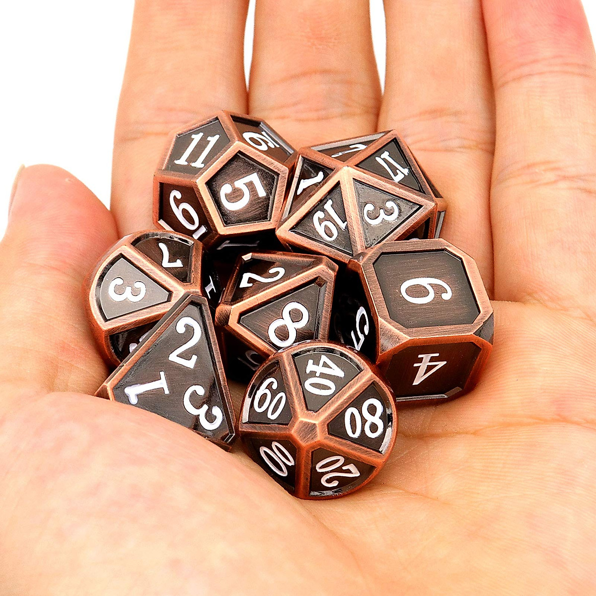Haxtec Metal DND Dice Set W/Gift Metal Box Classic Collection Polyhedral Dice Set for Dungeons and Dragons RPG Games- Fine Antique Copper White Numbers