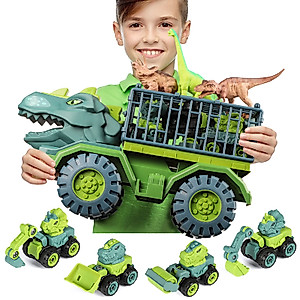 Dinosaur Carrier Truck Toys: burgkidz Kids Transport Playset with 4 Take-Apart Dino Cars & 3 Realistic Dinos Figures, Excavator Toy, Friction Powered Cars Toy Gifts for Kids Boys Girls 3 to 5 Years