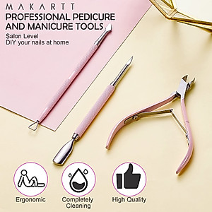 Makartt Cuticle Trimmer with Cuticle Pusher, 3 PCS Pink Nail Cuticle Nipper Professional Pedicure Manicure Tools with Stainless Steel Dual End Pusher, Nail Scraper
