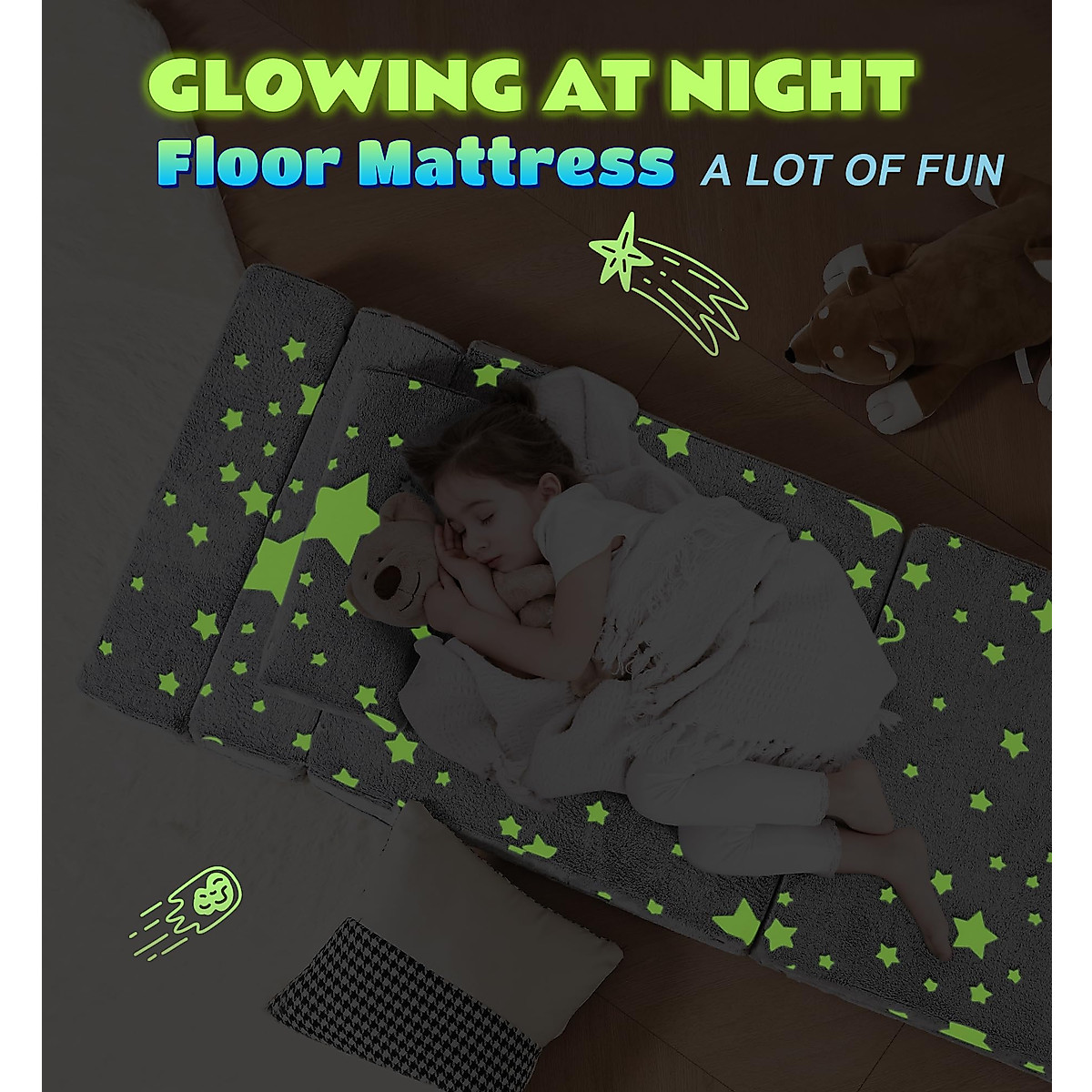 Elftopia 3-in-1 Folding Sofa Bed for Kids,Tri Folding Floor Toddler’s Mattress Fold up Sofa Bed,Child Foldable Futon Mattress,Folding Couch for Kids,Glow in Dark-Stars