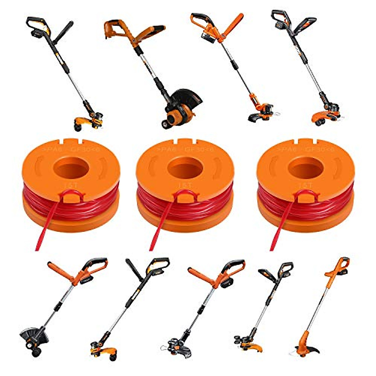 THTEN WA0010 Edger Spools Replacement for Worx WG180 WG163 Weed Wacker Eater String with WA6531 GT Spool Cover 50006531 String Trimmer Refills 10ft 0.065"(6 Spool, 2 Cap)