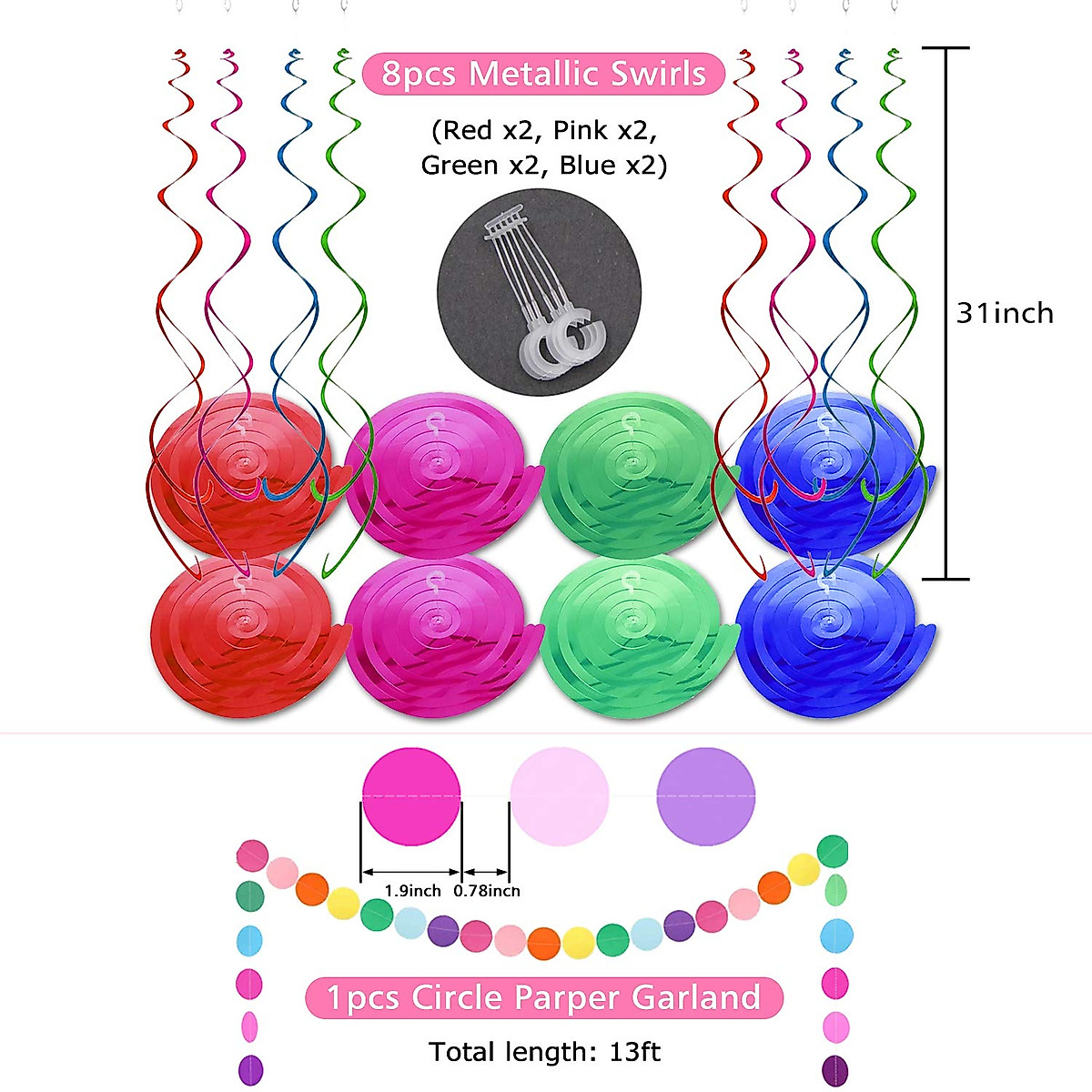 Happy Birthday Banner, Rainbow Birthday Banner, 6 Honeycomb Balls, 8 Metallic Hanging Swirls and Circle Parper Garland, Happy Birthday Decorations