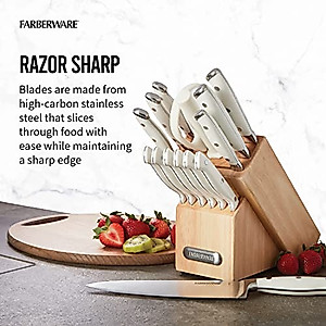 Farberware 15-Piece Forged Triple Rivet Knife Block Set, Razor-Sharp Kitchen Knife Set with Wood Block, High-Carbon Stainless Steel, White