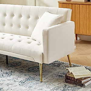 AnwickNomo Modern Velvet Futon Sofa Bed with 4 Golden Metal Legs and 2 Pillows, Convertible 3 Adjustable Loveseat Couch for Living Room Home Office Bedroom (Beige)