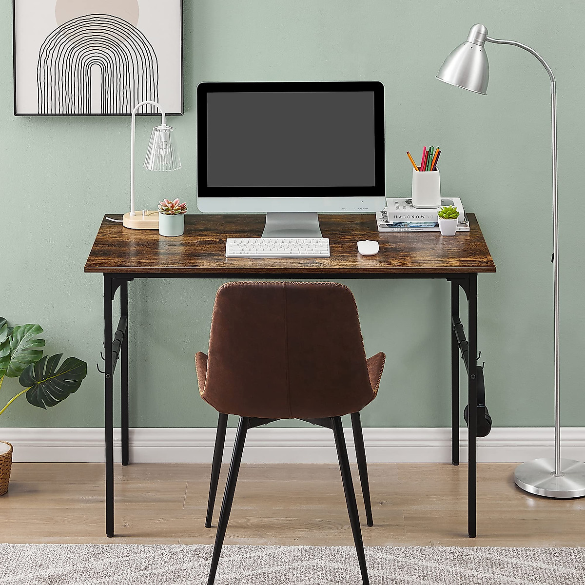 VECELO 44" Computer Writing Desk for Home Office, Study Table Workstation for Small Spaces with 6 Hooks & Adjustable Legs, Metal Frame,Brown, 44Inches
