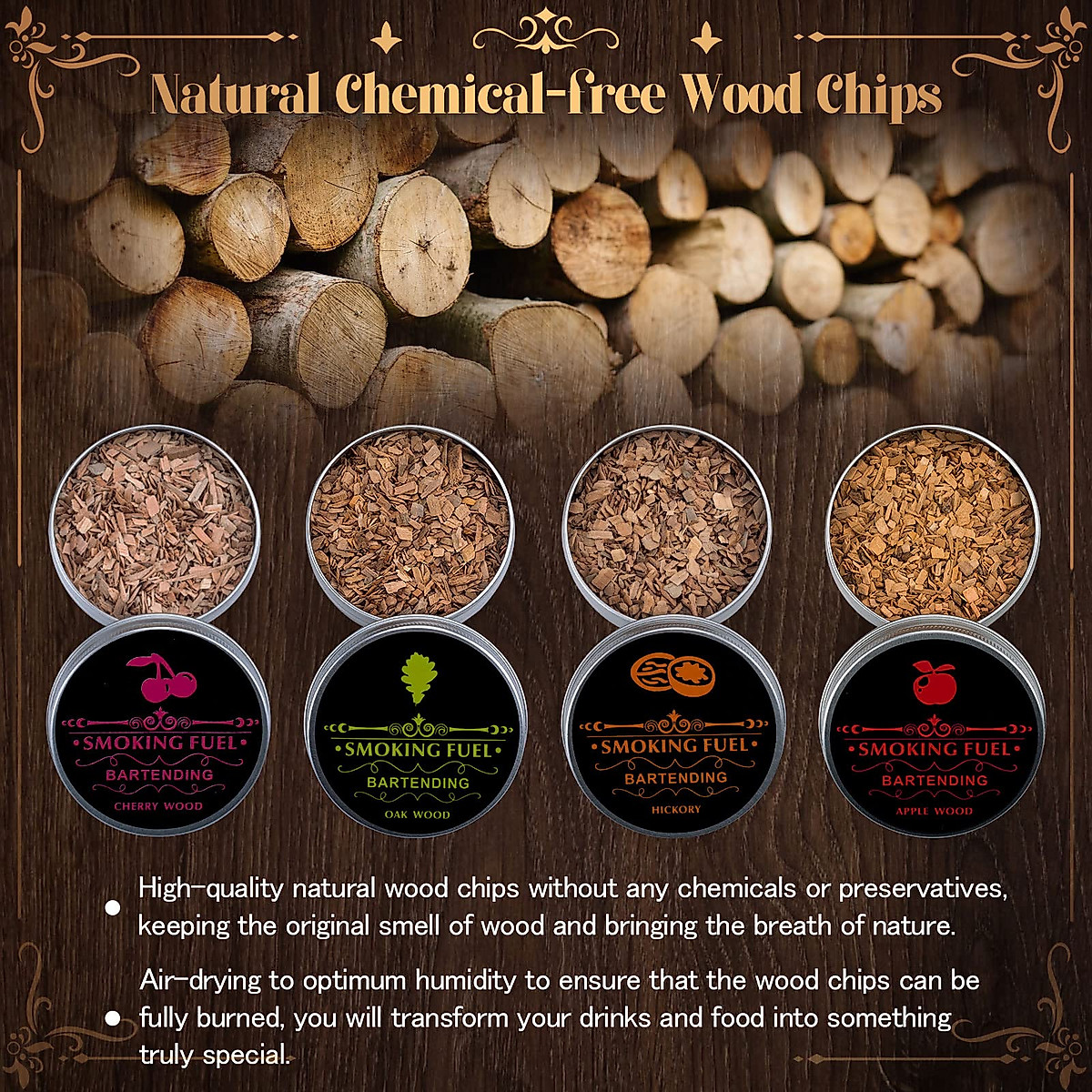 Cocktail Smoker Kit with Torch, Old Fashioned Smoker Kit for Bourbon Whiskey Drink, with 4 Flavor Wood Chips, Vodka/Gin/Tequila/Rum Liquor Gifts for Whiskey Lovers, Father(No Butane)