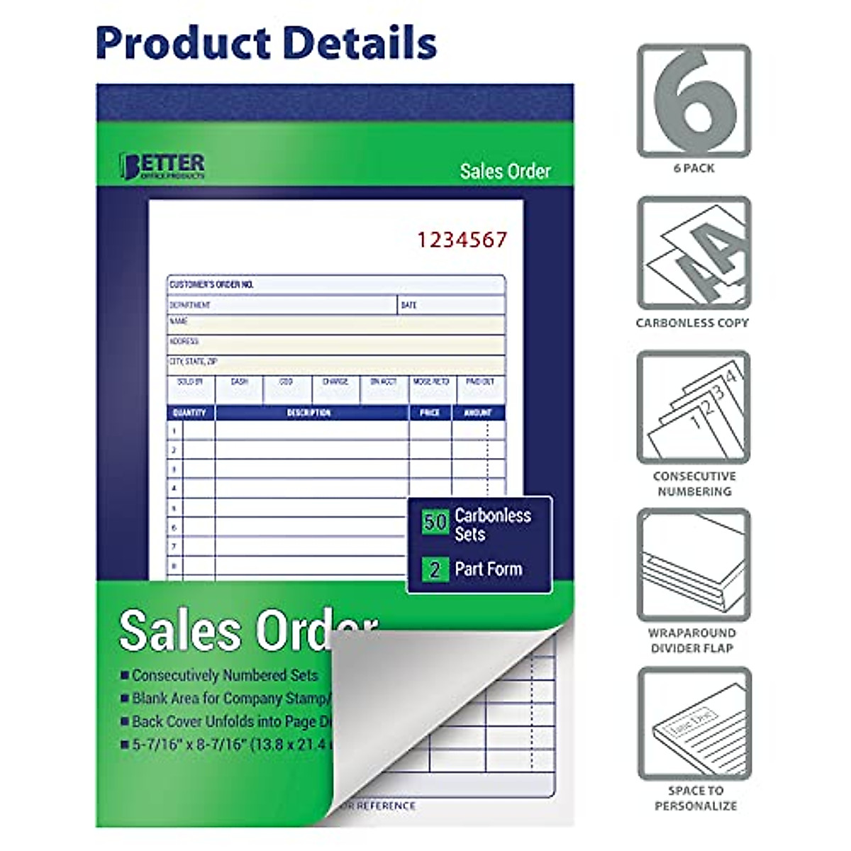 Large Sales Order Books, 6 Pack, 2-Part Carbonless (White/Canary Yellow), 5-7/16 x 8-7/16 inches, by Better Office Products, 50 Sets per Book, 300 Total Sets, 6 Books