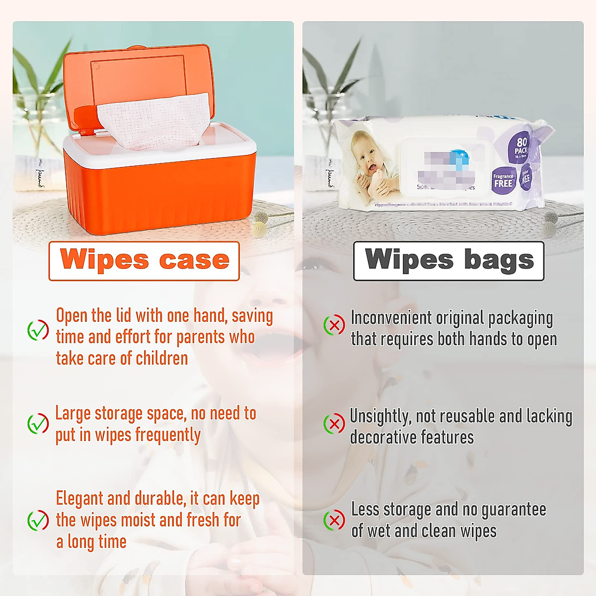 Flenpptly Baby Wipes Dispenser, Wipe Holder for Baby & Adult, Refillable Wipes Container, Keep Wipes Fresh and Clean, One-Handed Operation (Orange)