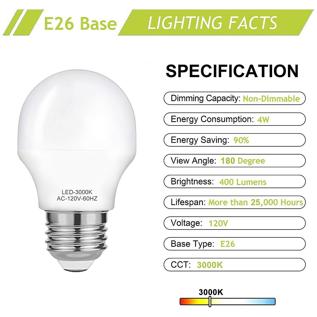 WELLHOME A15 LED Bulbs, 40W Eqv. E26 Base Bulb， 4W, Soft White 3000K, for Home & Ceiling Fans，Non-Dimmable，6-Pack.