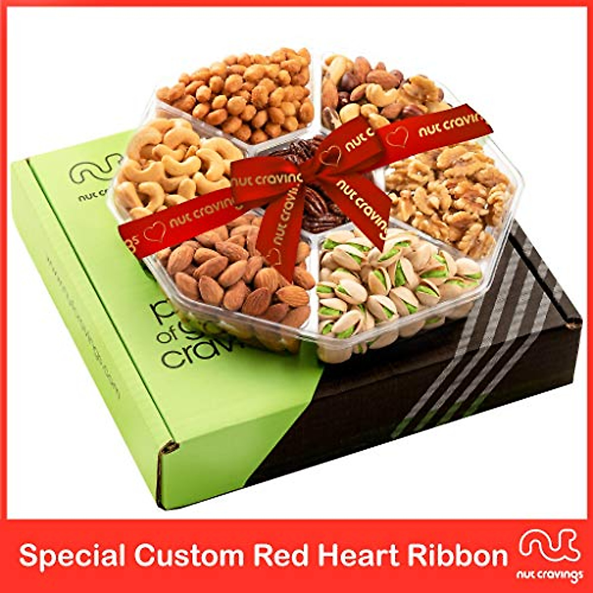 Mixed Nuts Gift Basket + Heart Ribbon (7 Assortments) Purim Mishloach Manot Gourmet Food Bouquet Arrangement Platter, Birthday Care Package Tray, Healthy Kosher Snack Box, Her Him Women Men