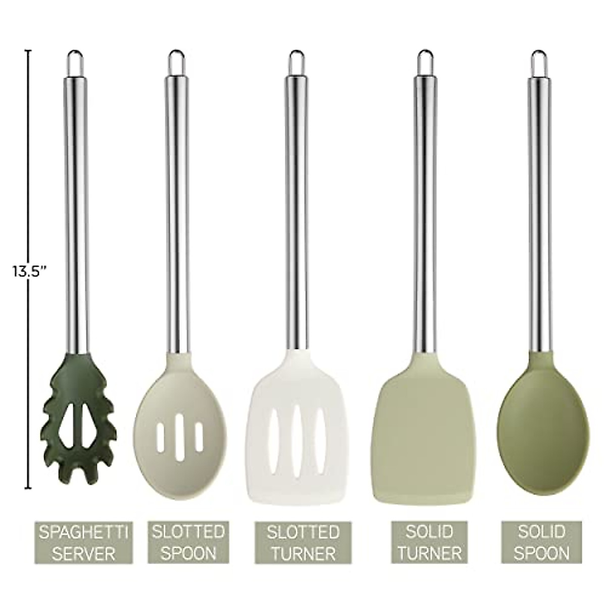 COOK WITH COLOR Silicone Cooking Utensils, Kitchen Utensil Set, Easy to Clean Silicone Kitchen Utensils, Cooking Utensils for Nonstick Cookware, Kitchen Gadgets Set, 5 Pieces, Green