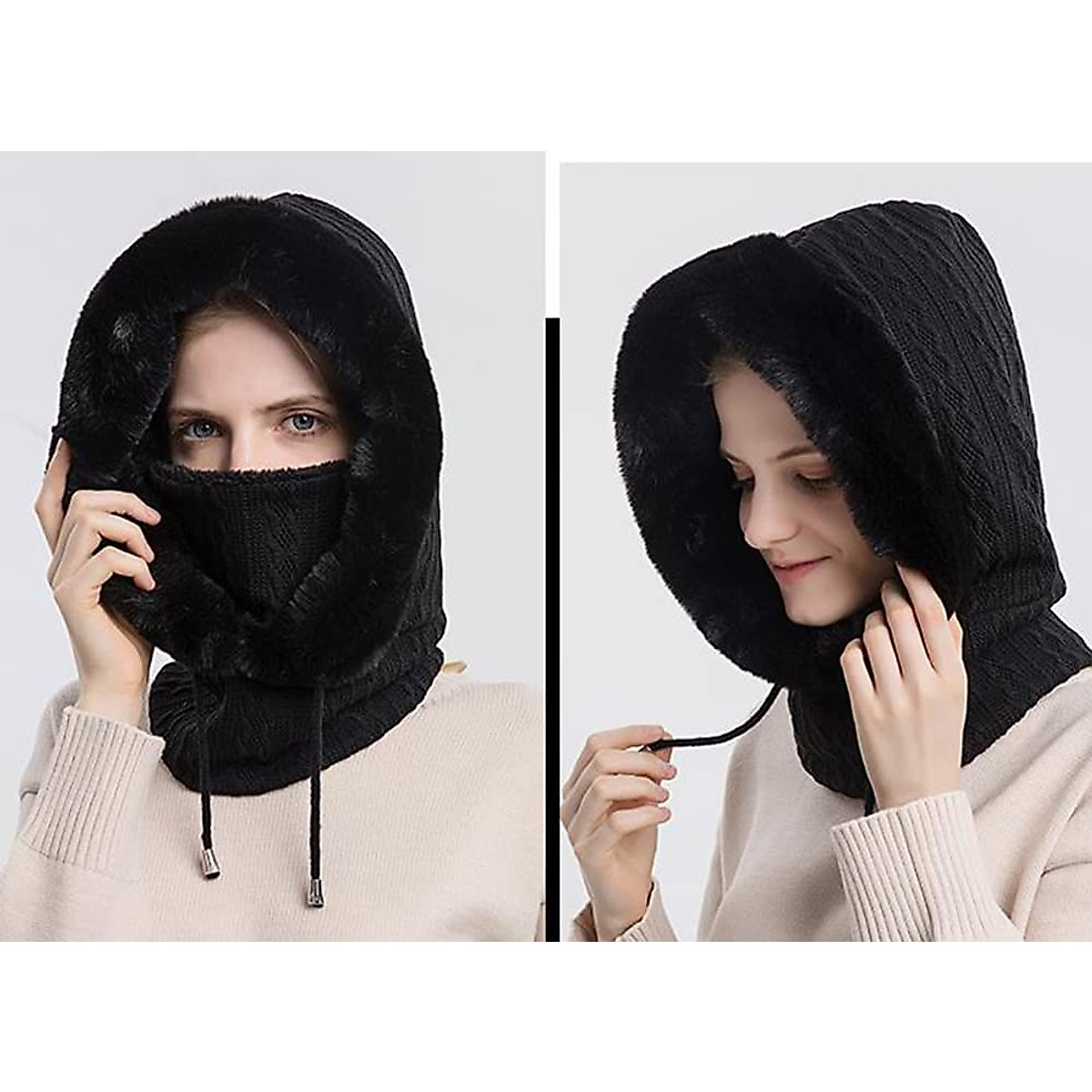 Women One Piece Slouchy Fleece Beanie Hats Scarf Mask Drawstring Warm Hooded Winter Balaclava Pullover Knitted Hat Black