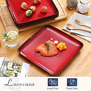LOVECASA Red Dinner Plates Set of 4, Square Dessert Salad Plates Set, 10 Inch Stoneware Plates, Dishwasher, Oven and Microwave Safe