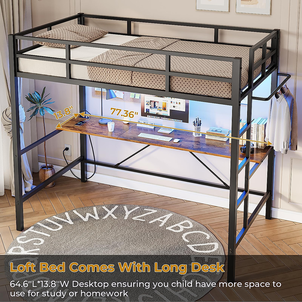DICTAC Loft Bed Twin Size with Desk and Led Lights Twin Metal Loft Bed with Charging Station Twin Size Metal Bed Frame with Safety Guard & Ladder, Space-Saving,No Noise,No Box Spring Needed, Black
