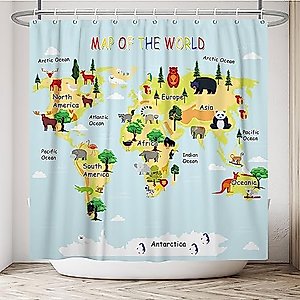 Animal World Map Children's Shower Curtain Fun Cartoon Educational Tools Plants Marine Waterproof Fabric Bathroom 72 X 72 Inches with Hooks…
