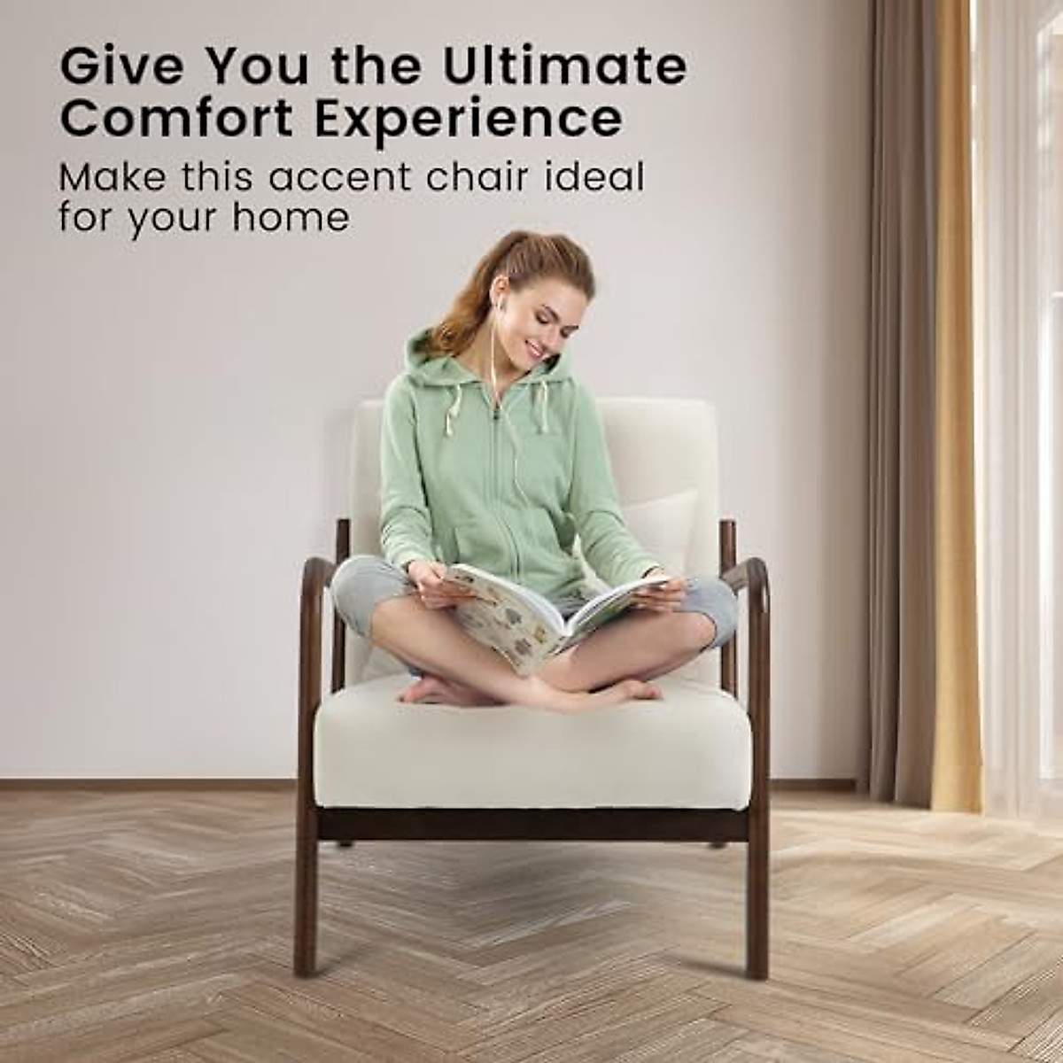 Unovivy Mid-Century Modern Accent, Upholstered Lounge Armchair with Wood Frame Thick Padded Backrest & Seat Cushion, Single Sofa Chair for Living, Bedroom, Reading Room, ‎30" Depth, White