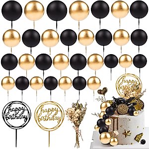 33 PCS Mini Ball Cake Topper Cupcake Insert Acrylic Cake Topper Artificial Dried Flowers Cake Decorations for Anniversary Graduation Birthday Party Baby Shower (Black, Gold)