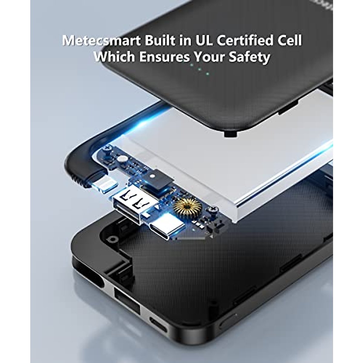 Metecsmart 4500mAh Small Portable Phone Charger, Mini Power Bank Fast Charging, Three Output Type C Input External Battery Pack, Built in a Cable Compatible with iPhone and iPad