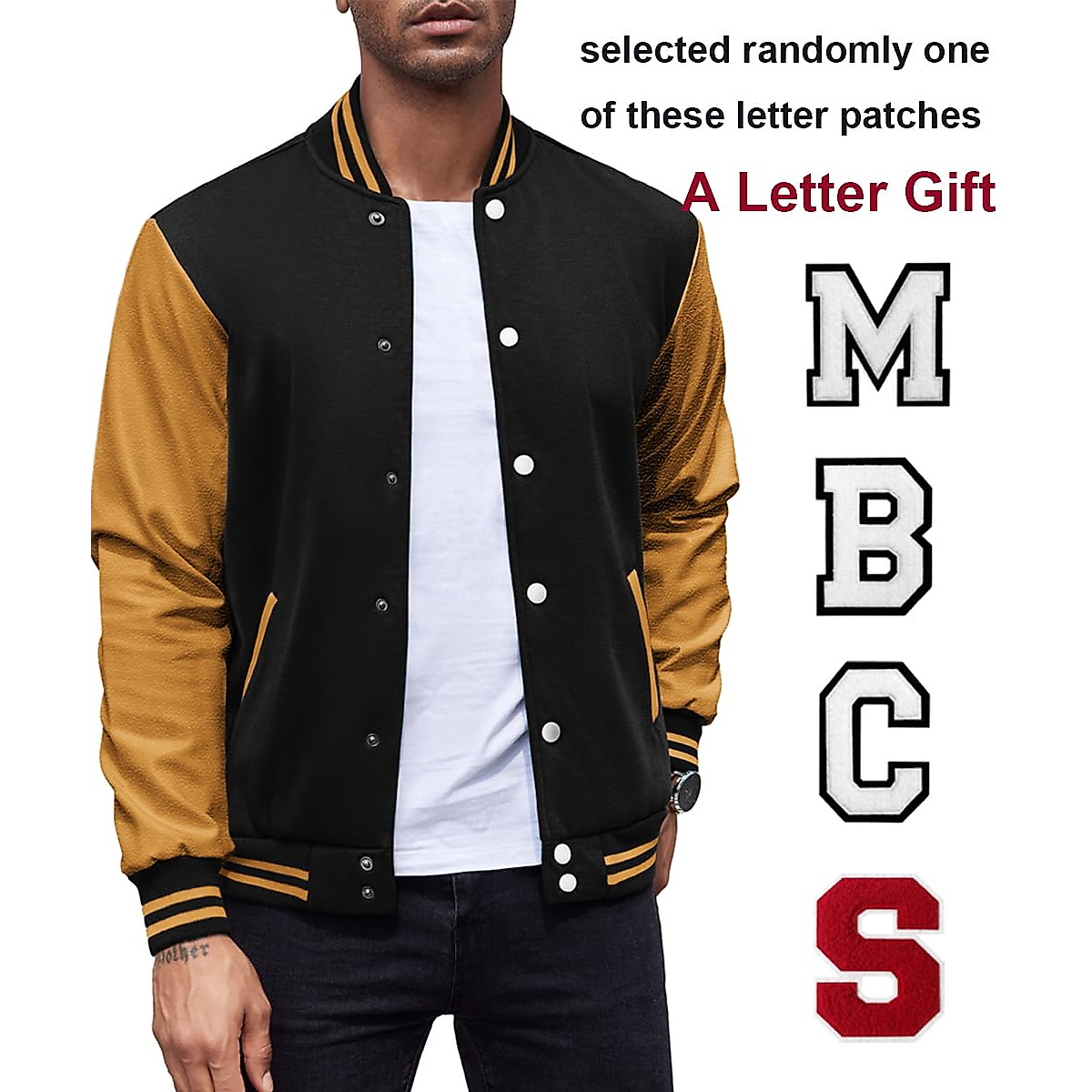 COOFANDY Mens Varsity Bomber Jackets Leather Varsity Letterman Jacket Letter A Winter Black-Yellow Medium