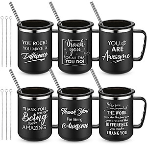 Sumind Thank You Employee Appreciation Gifts 17 oz Inspirational Stainless Steel Coffee Mugs with Handle Lid Straw for Thanksgiving Christmas Staff Coworker Teacher Gifts(Black,6 Pcs)