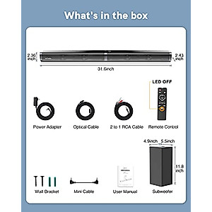 ULTIMEA Sound Bars for TV with Subwoofer Deep Bass, 2.1 TV Sound Bar, 5 EQ/Voice Clear, Bluetooth Soundbar for TV Speakers Surround Sound, TV Soundbar for PC Works w/Optical/AUX/USB, Mountable-110dB